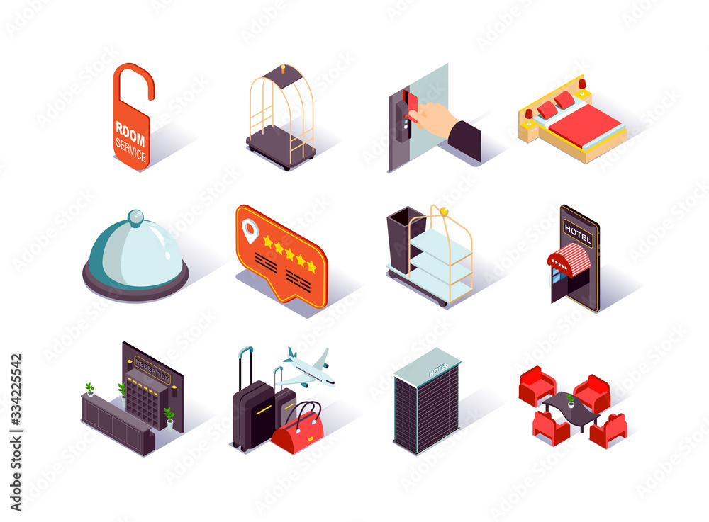 Hotel infrastructure isometric icons set. Hotel booking and review ...