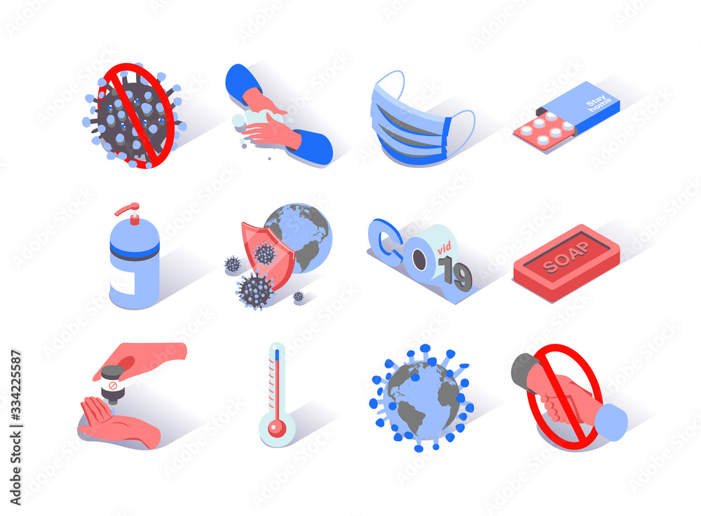 Virus epidemic isometric icons set. Soap, safety mask, antiseptic and ...