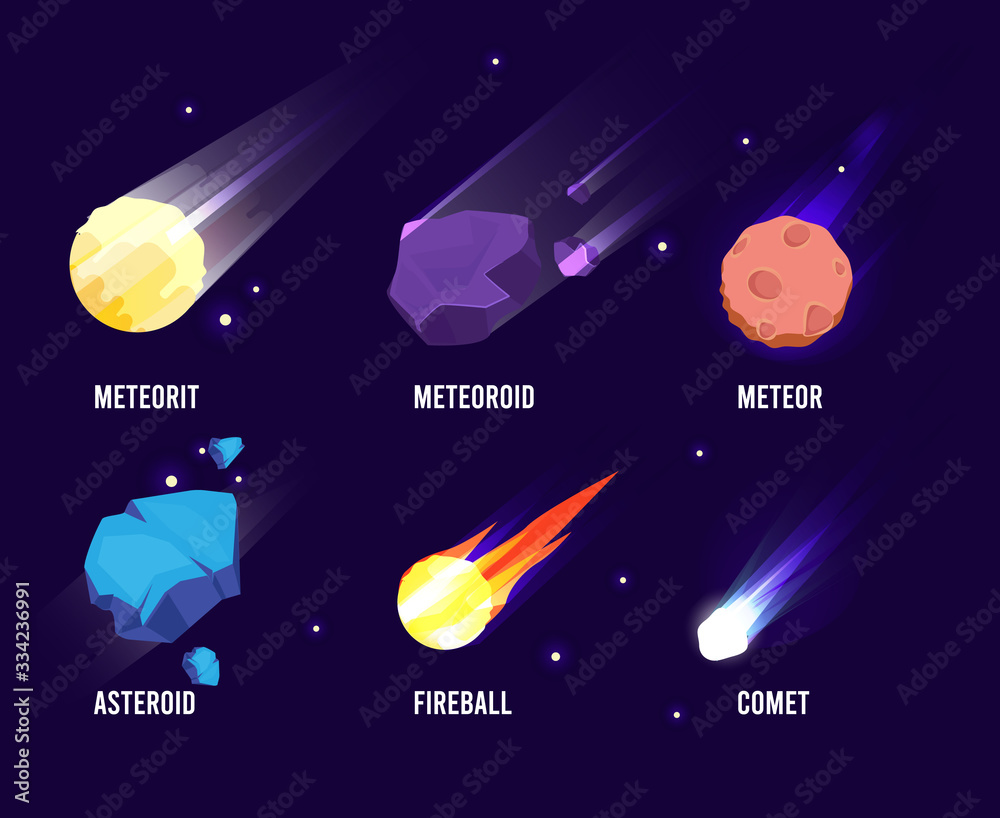 Vetor de Space objects. Glowing universe astronomy set meteor asteroid vector comets collection ...