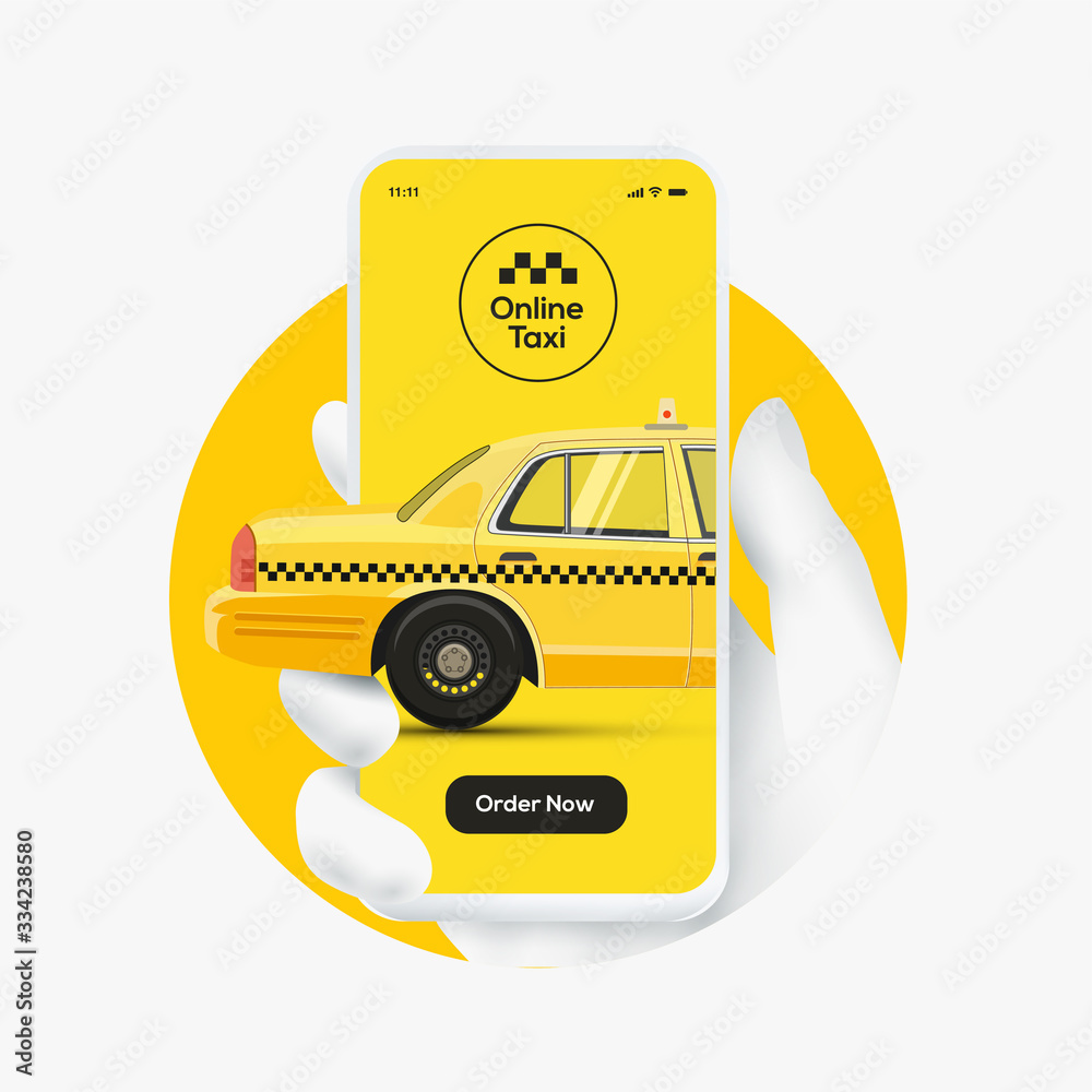 Online taxi order concept. White hand silhouette holding smartphone ...