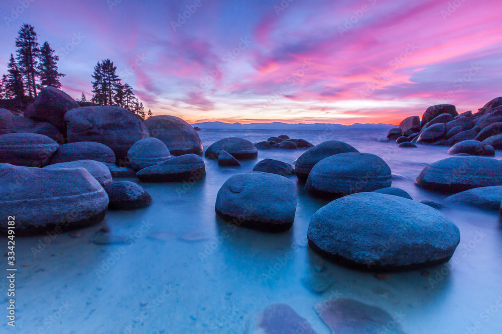 Sunset Over Rocky Cove at Sand Harbor, Lake Tahoe, Nevada, USA Stock ...