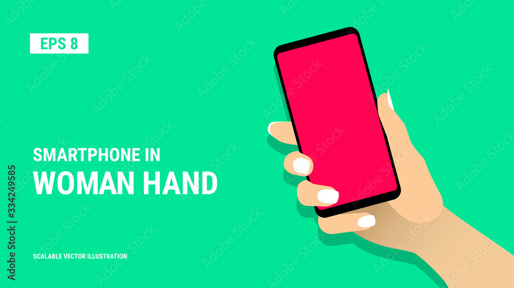 Female hand shows smartphone with blank red display. Woman hold cell ...