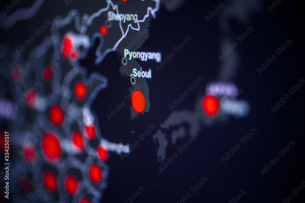 South Korea, Soul . Coronavirus COVID-19 global cases Map. Red Point ...