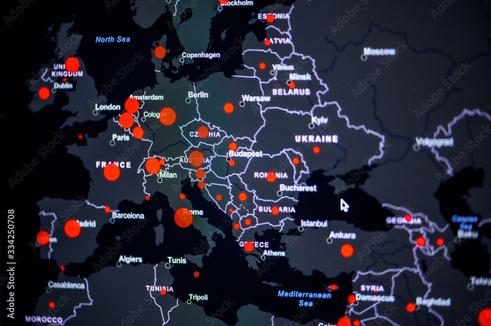 Europe . Coronavirus COVID-19 global cases Map. Red Point showing the ...