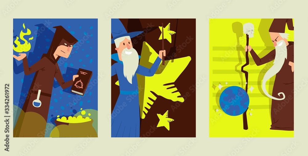 Magical stuff, wizard male character, old sorcery, magic cauldron, flat ...