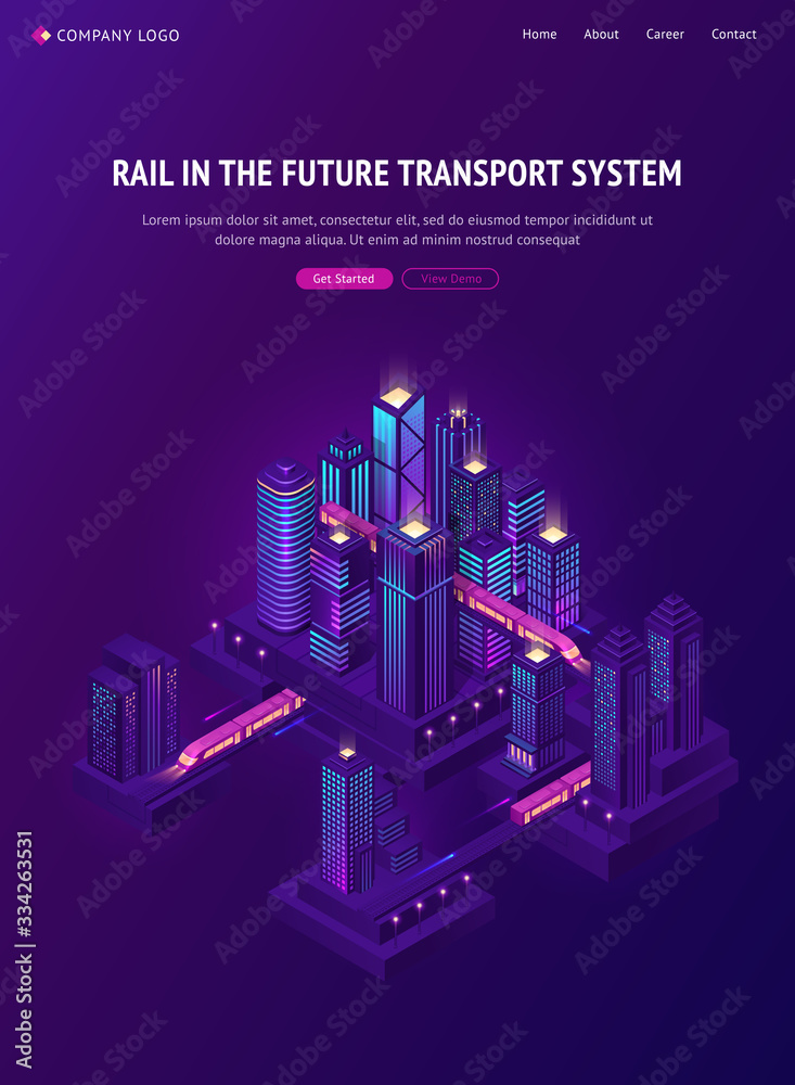 Rail train in future city transport system. Isometric futuristic town ...