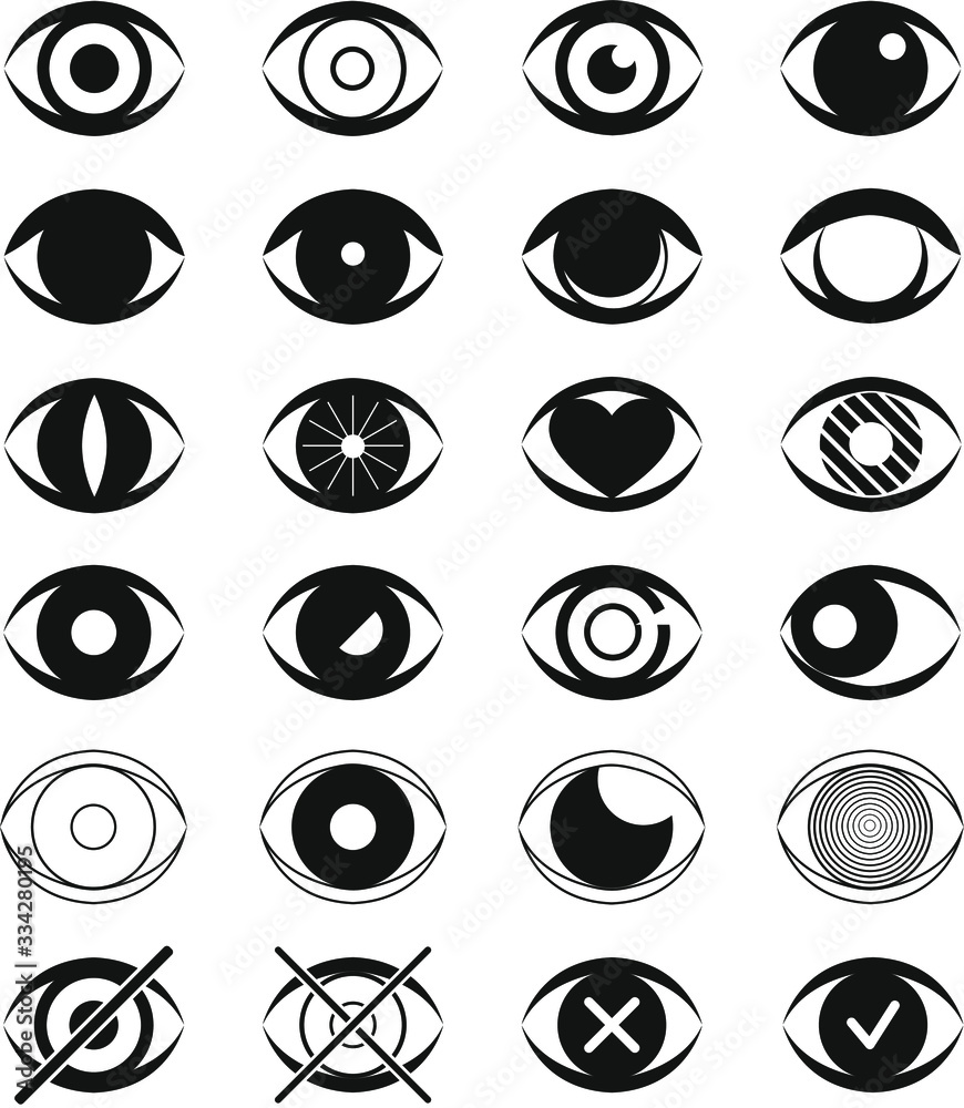 Eye flat icon set. Open eyes images, view simple eyeball signs isolated ...