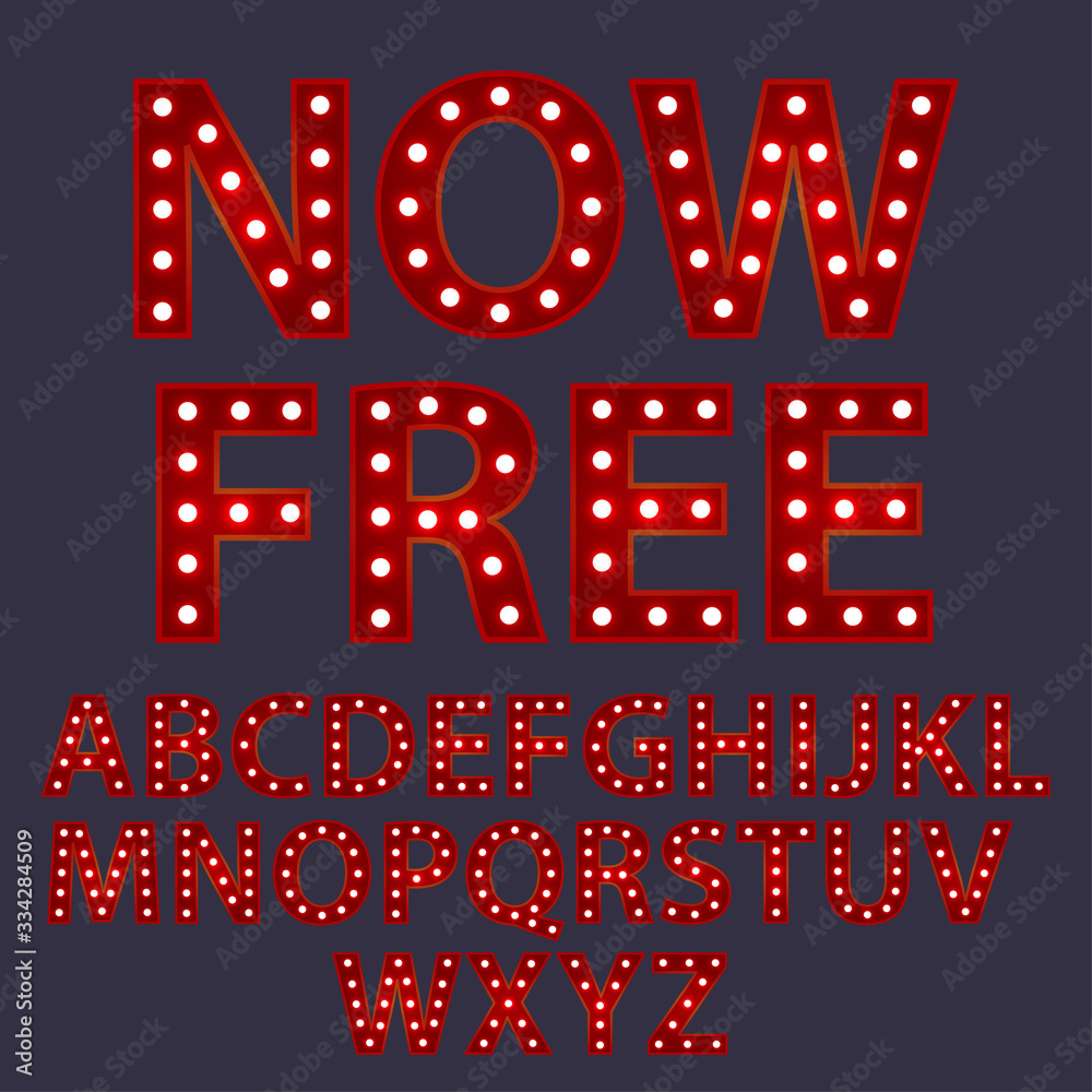 Now free. Red letters with luminous glowing lightbulbs. Vector ...
