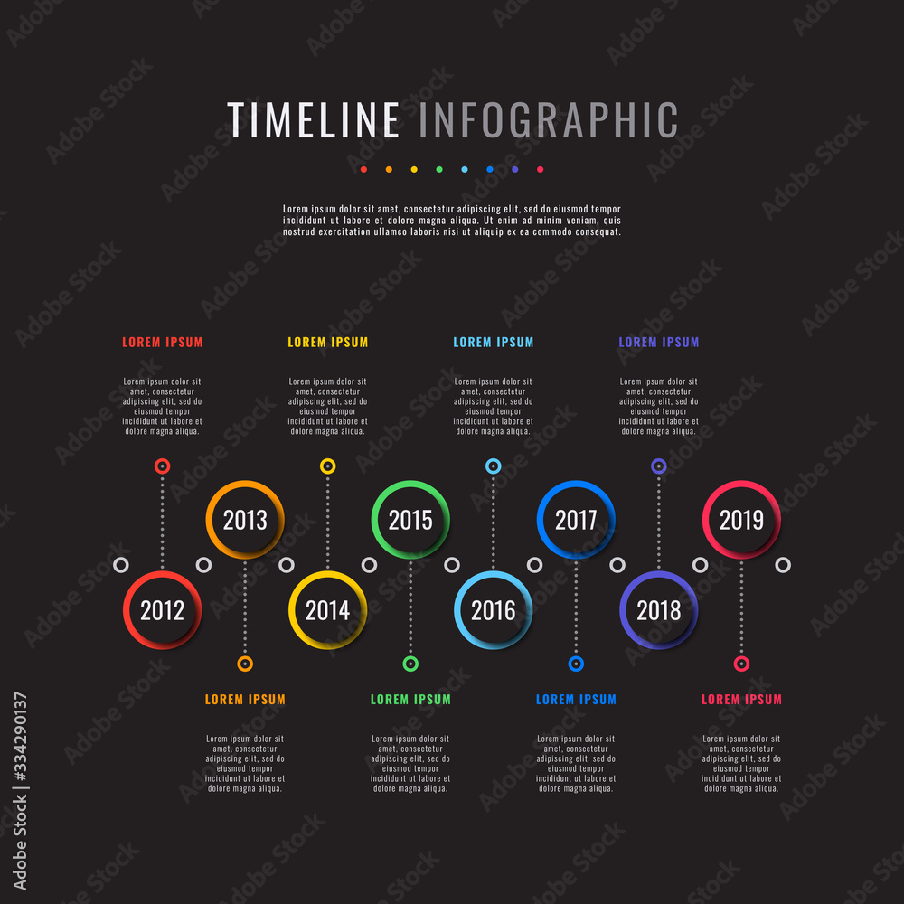 horizontal timeline infographic with round elements, year indication ...