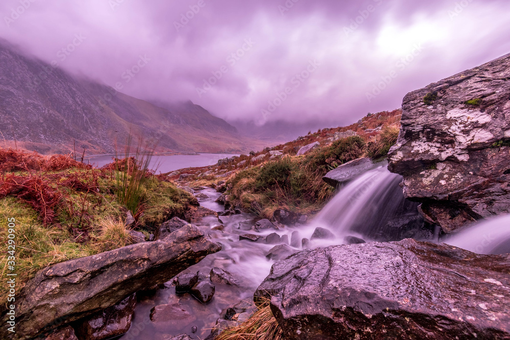 Snowdonia National Park sunrise, waterfall cascades with views of Llyn ...