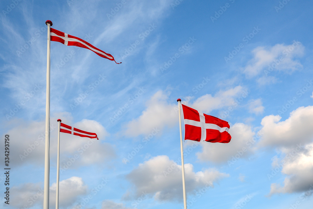Danish flags "Dannebrog" in the wind at beach near Copenhagen, National ...