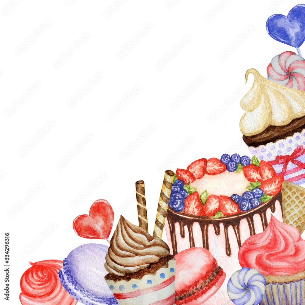 Watercolor Sweet deserts frame. Border with Cream, waffle, cake ...