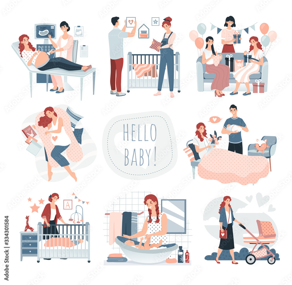 Pregnancy and childbirth, happy family with newborn baby, set of cute ...