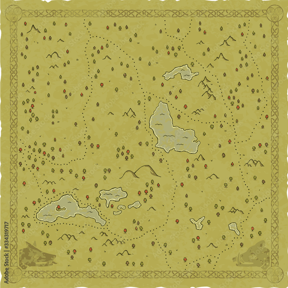 Vintage vector Celtic forest map. Includes a knotted frame with a wolf ...