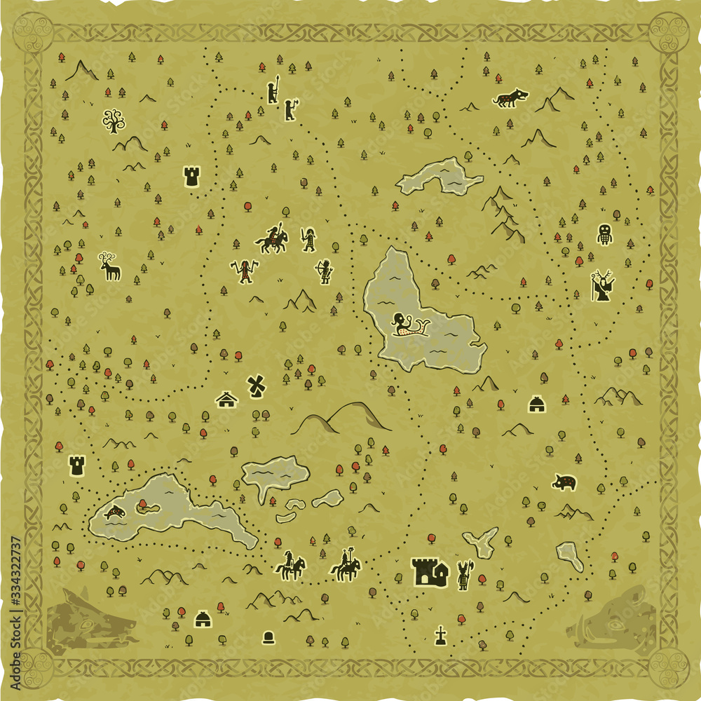 Ancient medieval Celtic map with trees, a dungeon, mountains, lakes ...