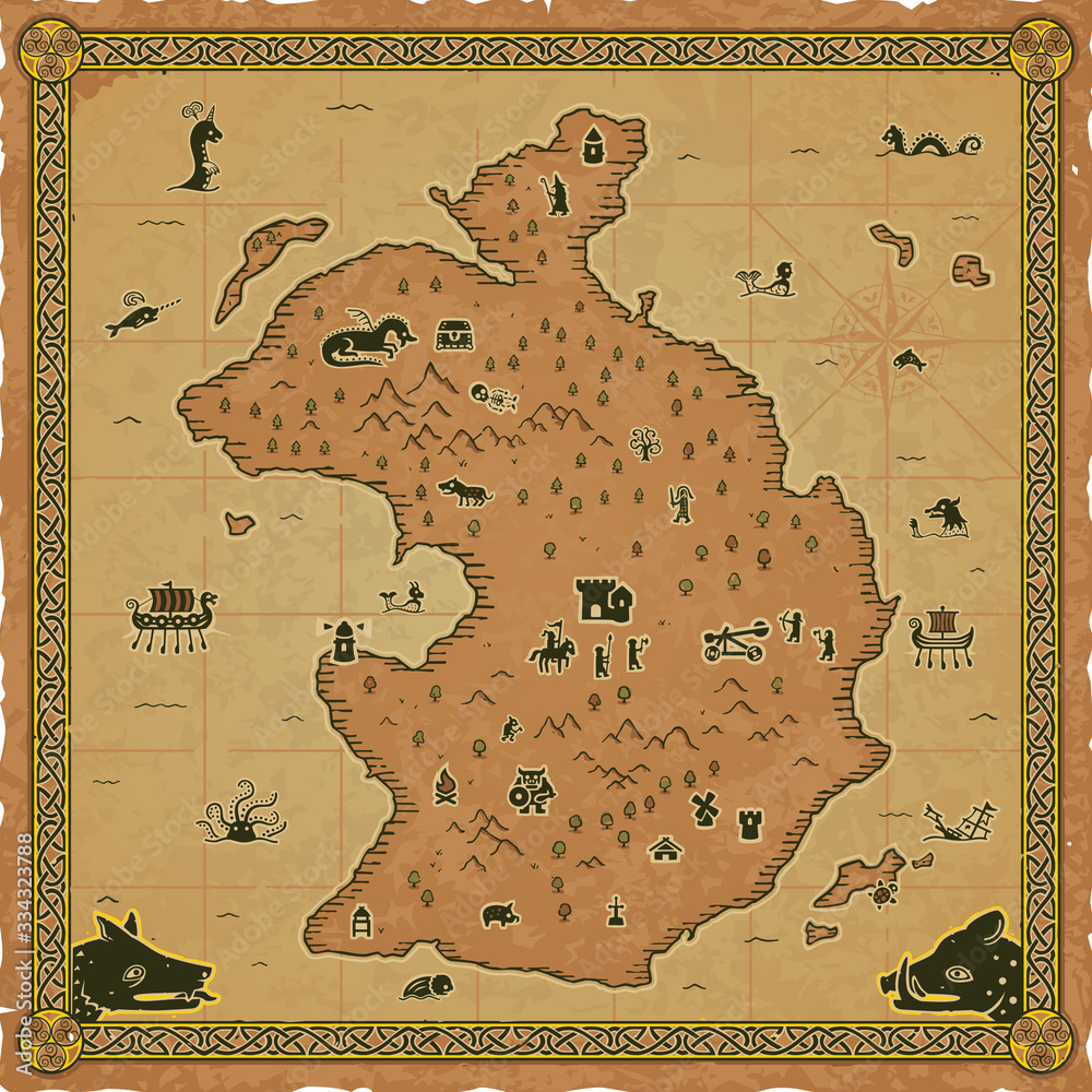 Vector illustration of an old medieval fantasy map with various icons ...