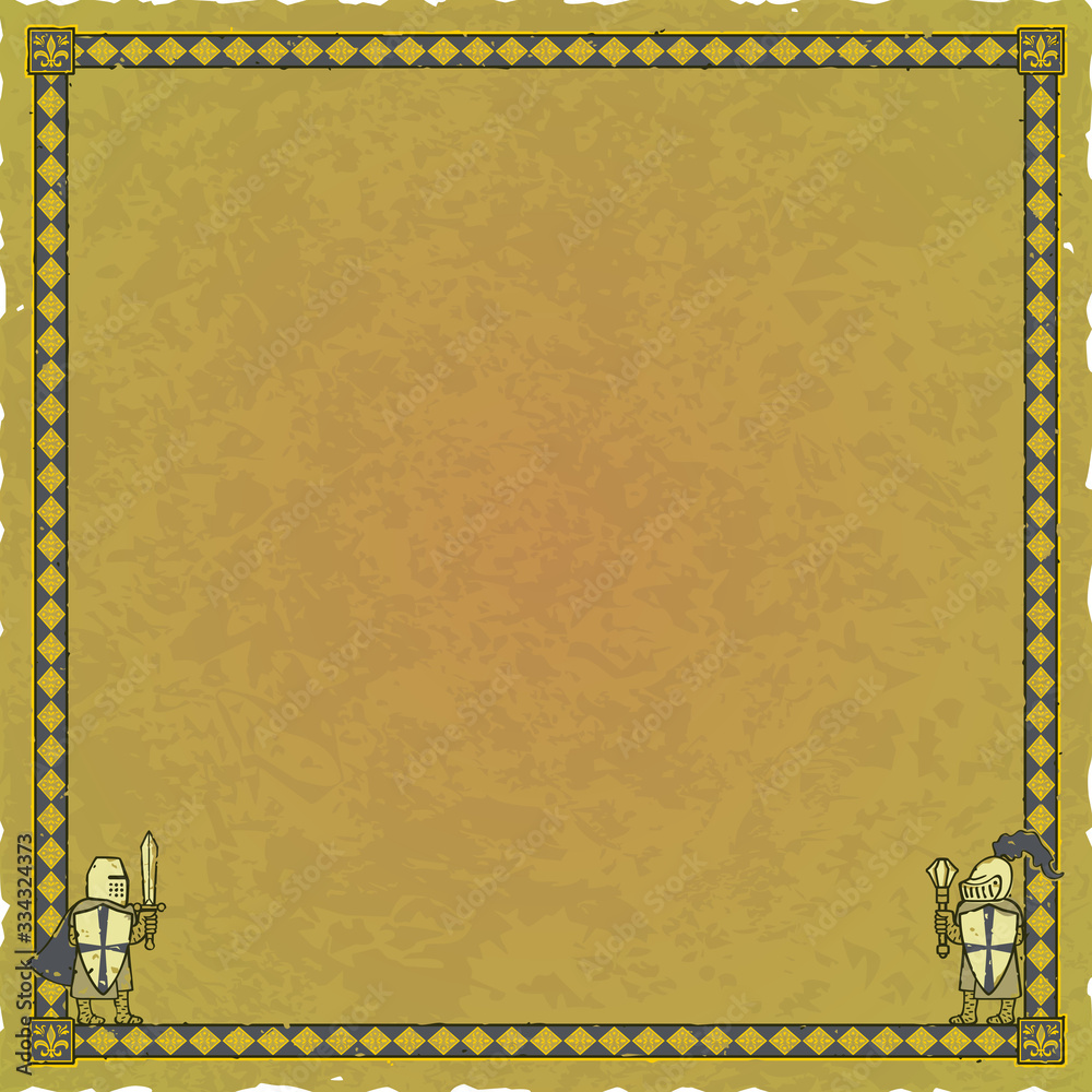 Vector illustration of a square medieval map frame on a worn parchment ...