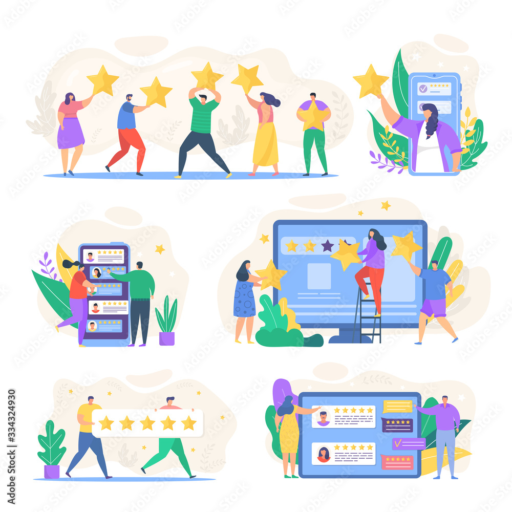 Review feedback vector illustration. Cartoon tiny people reviewing ...