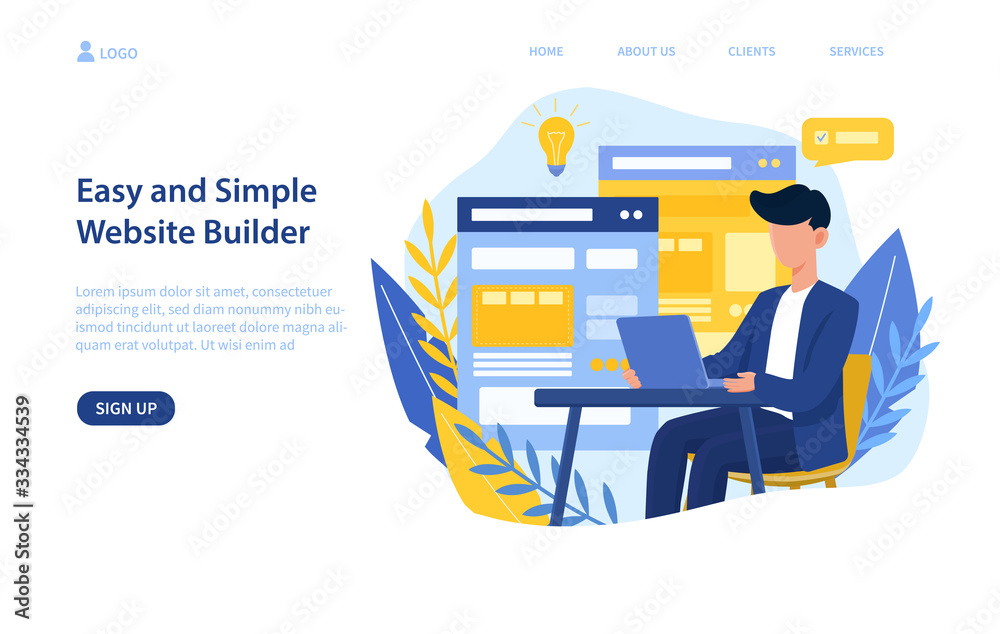 Illustrated website builder design concept with man on laptop. Vector ...