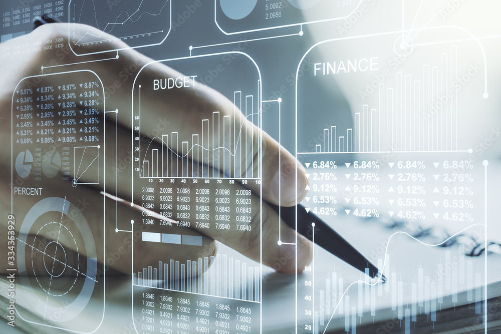 Multi exposure of abstract graphic data spreadsheet sketch with man ...