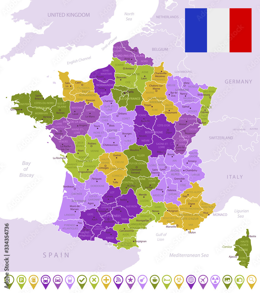 Detailed map of France with flag, border of regions and country. Purple ...
