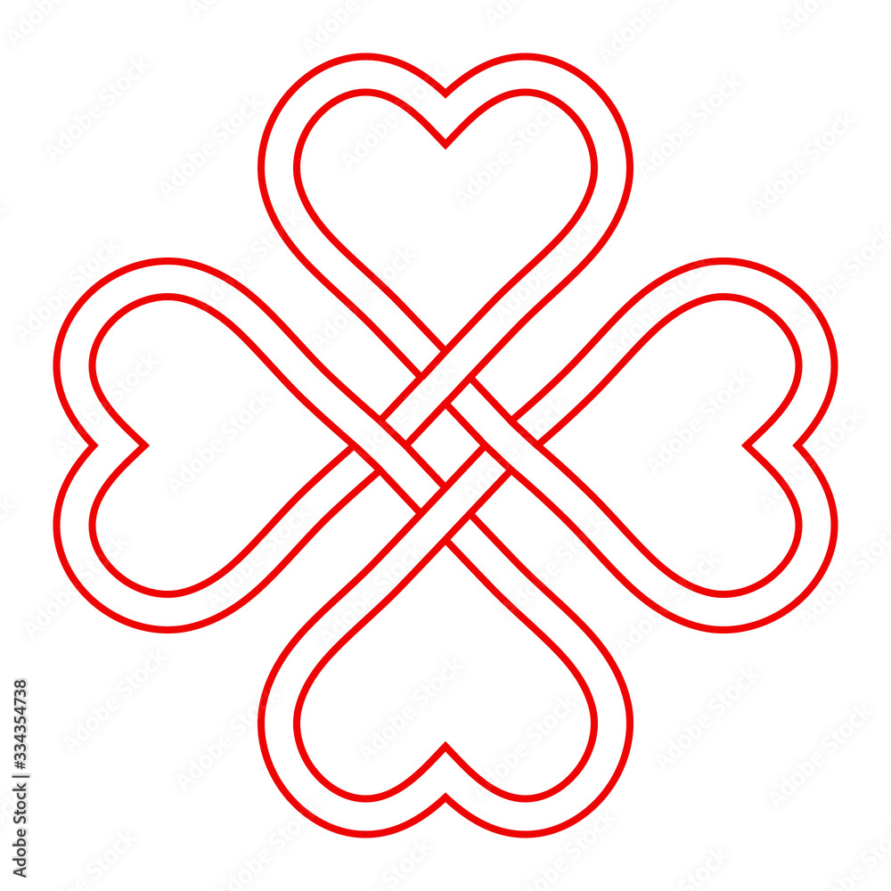Symbol love and good luck, vector interlacing knot of hearts, four-leaf ...