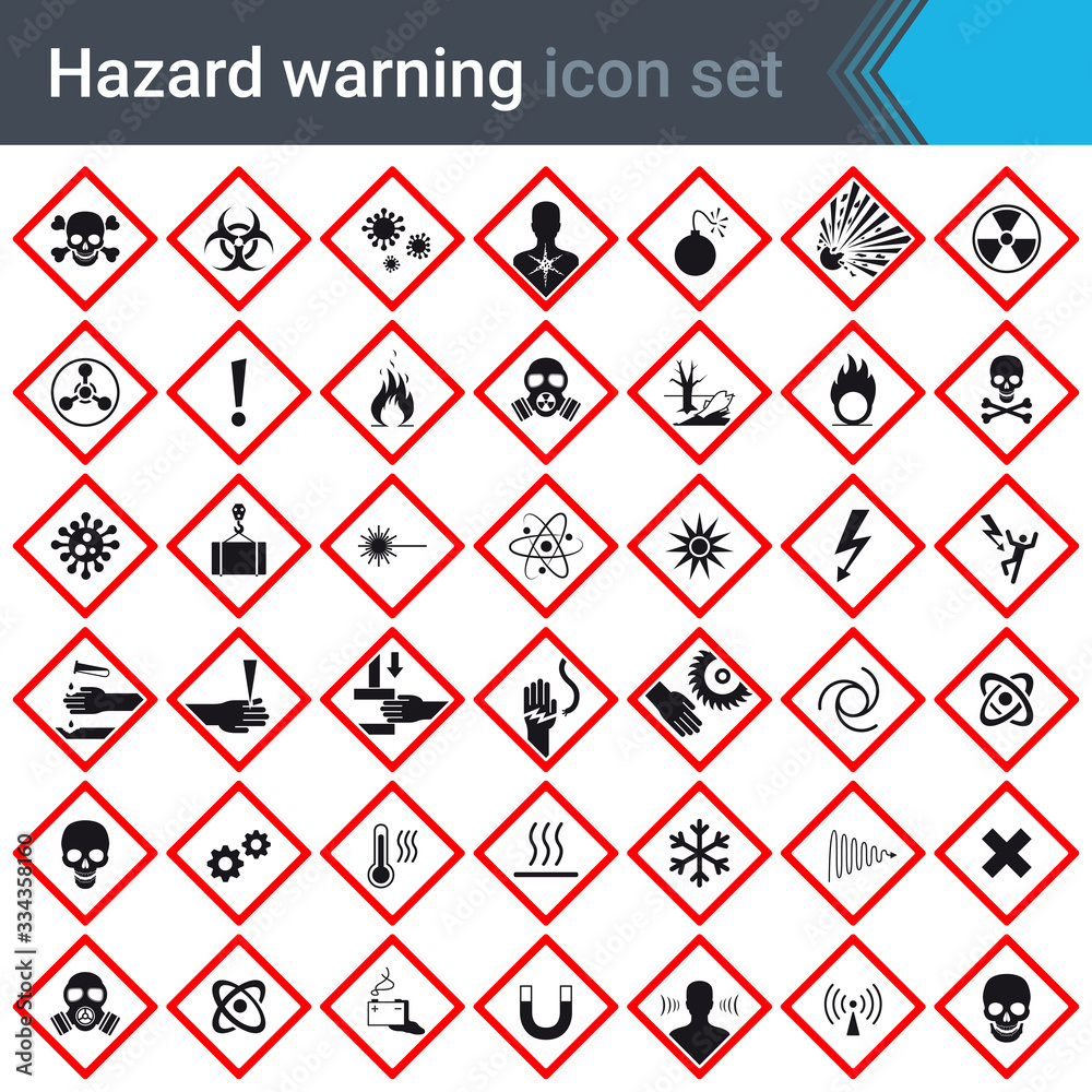 Poster Affiche Hazard warning signs on red squares 40x40 cm
