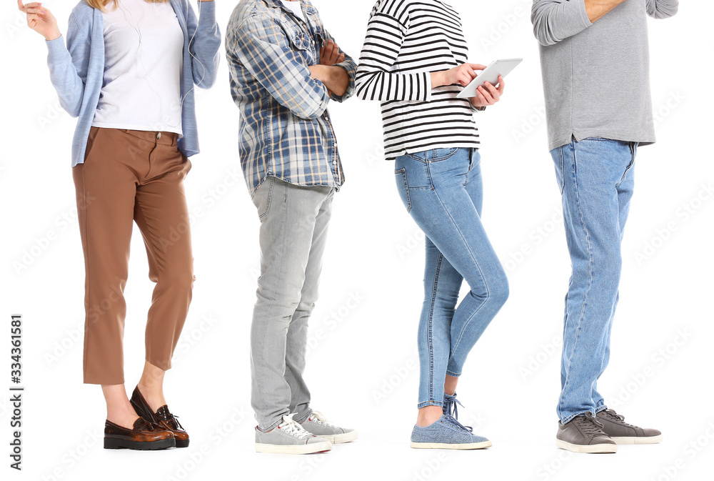 Young people waiting in line on white background Stock Photo | Adobe Stock