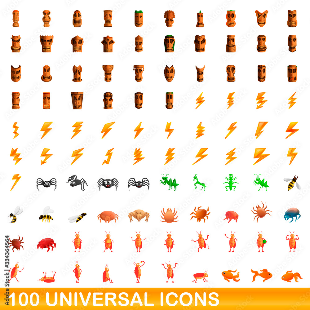 100 universal icons set. Cartoon illustration of 100 universal icons ...