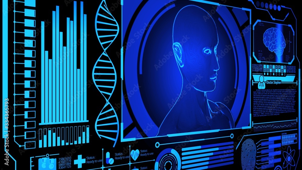 3D Human Head Model Rendering Rotating in Medical Futuristic HUD ...