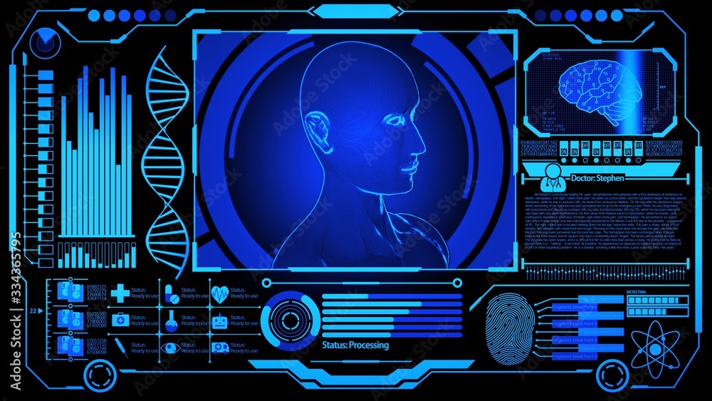 3D Human Head Model Rendering Rotating in Medical Futuristic HUD ...