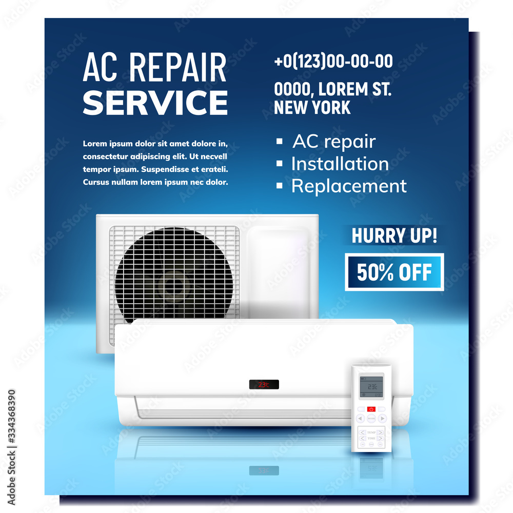 Air Conditioner Repair Service Promo Banner Vector. Ac System Repair ...