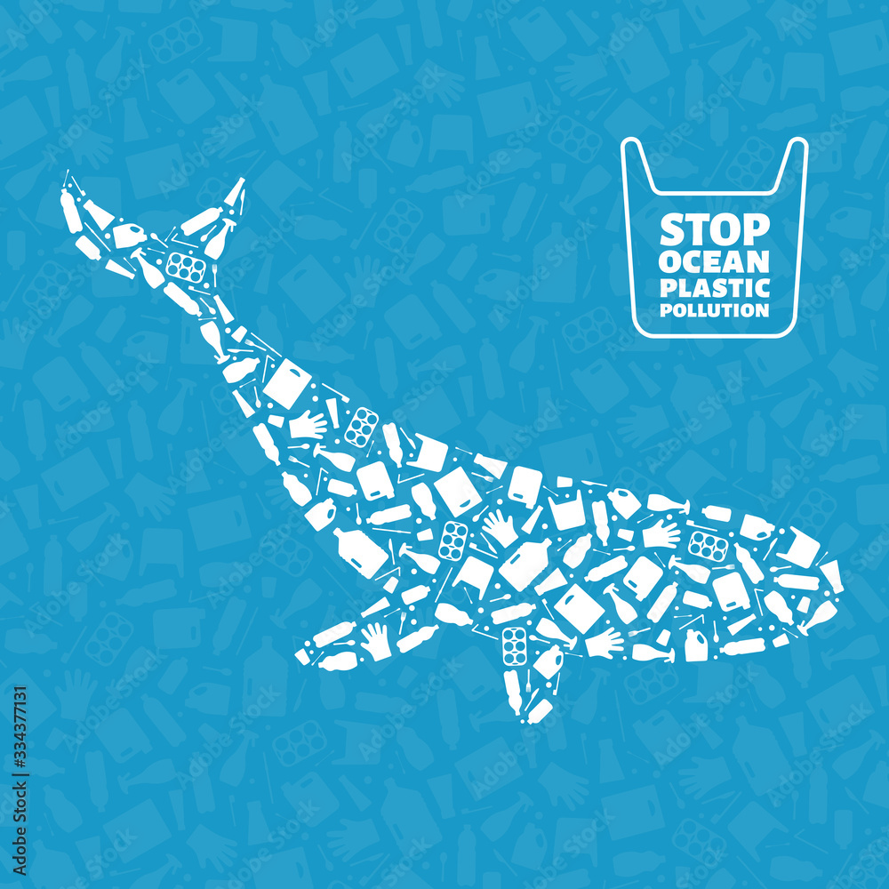 Stop ocean plastic pollution concept vector illustration. Whale marine ...