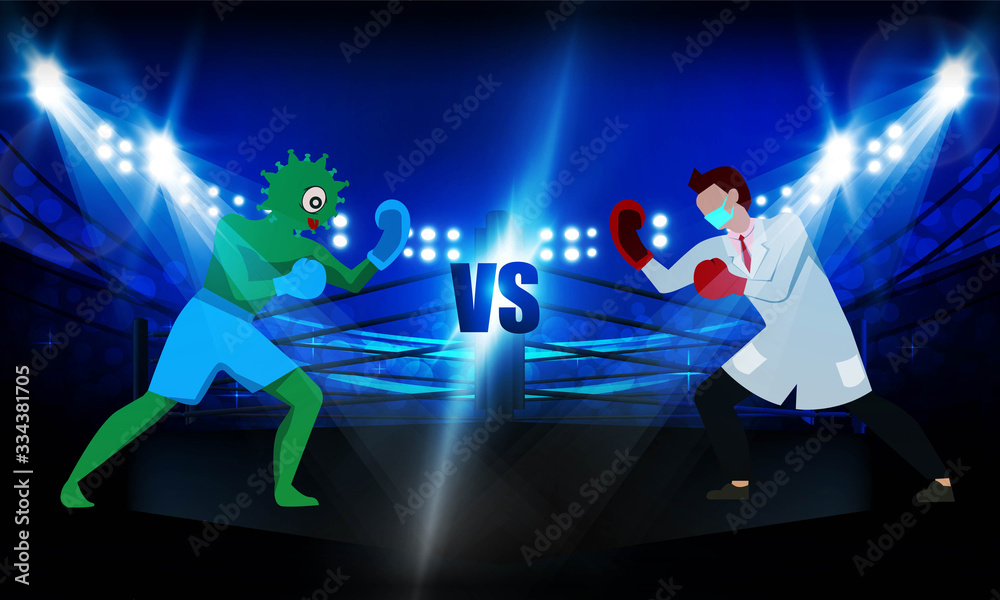 The doctor vs corona man at Boxing ring arena and spotlight floodlights ...