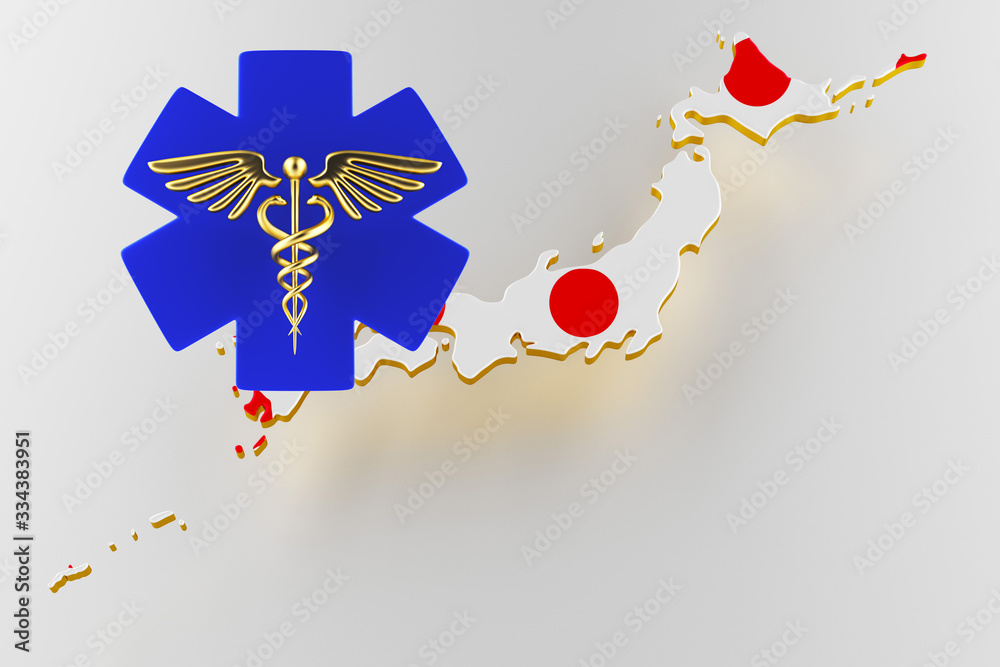 Caduceus sign with snakes on a medical star. Map of Japan land border ...