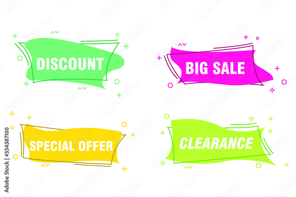 Flat linear promotion ribbon banner, scroll, price tag, sticker, badge ...