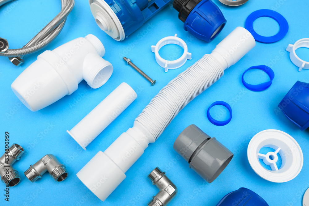 Details siphon kitchen sink on blue background - Image Stock Photo ...