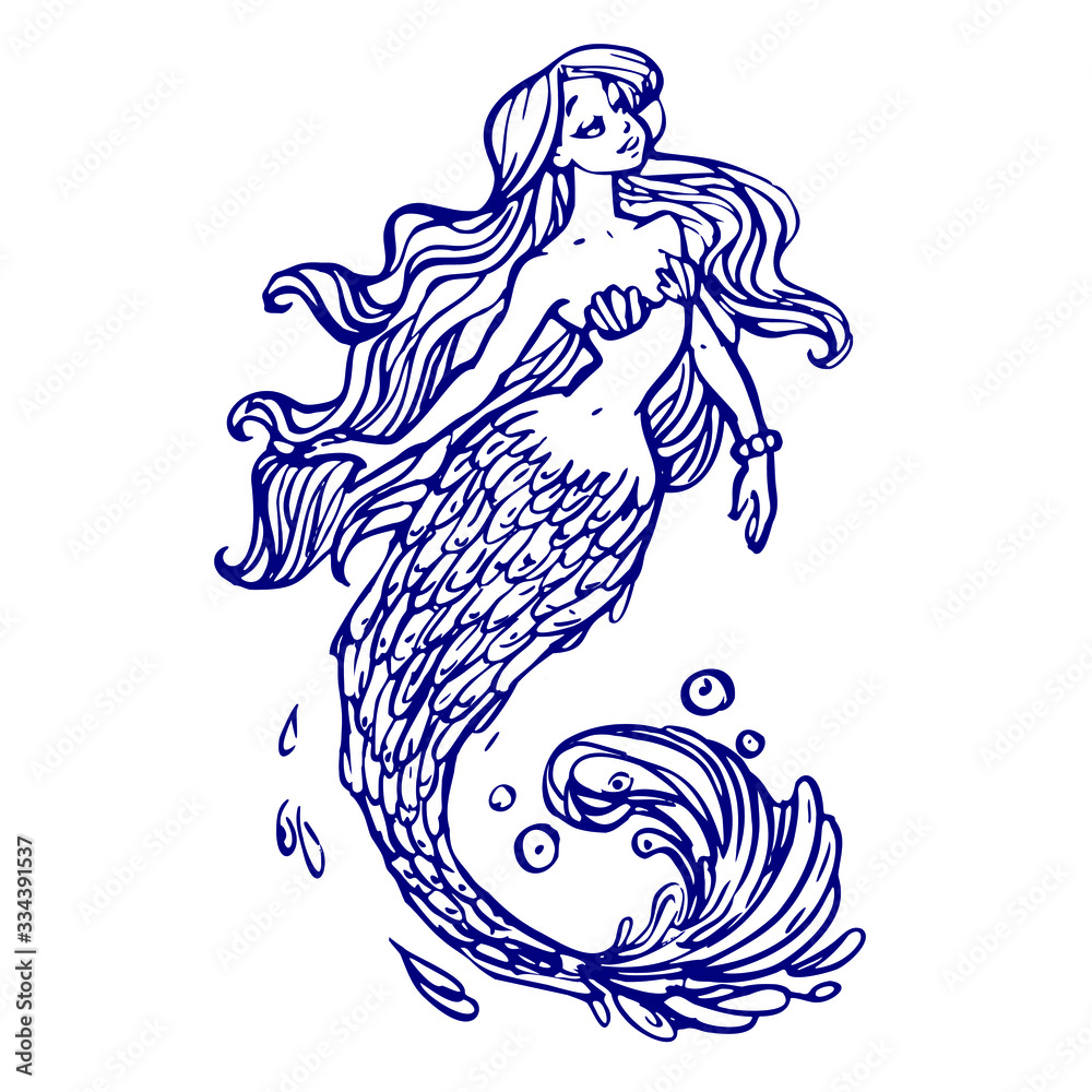 Cute young Mermaid with long hair. Ink sketch, hand drawn stock vector ...