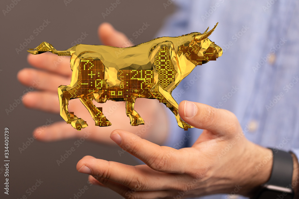Bull shapes that look like made of origami paper with symbols of stock ...