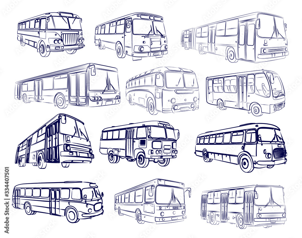 The Big set of bus sketch. Stock Vector | Adobe Stock
