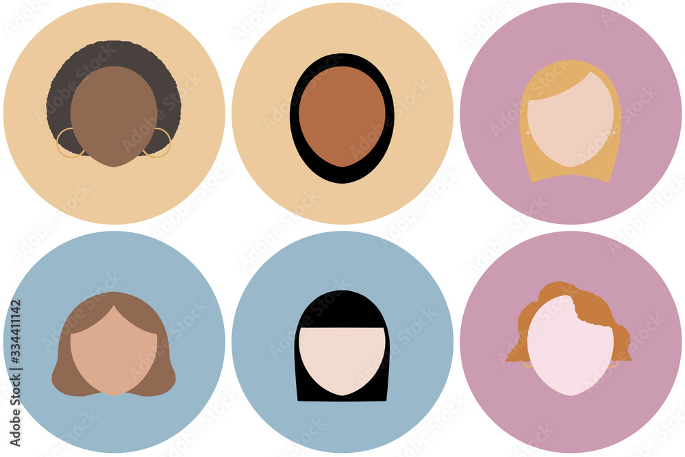 Set of round women icons of different ethnicity with pastel color ...