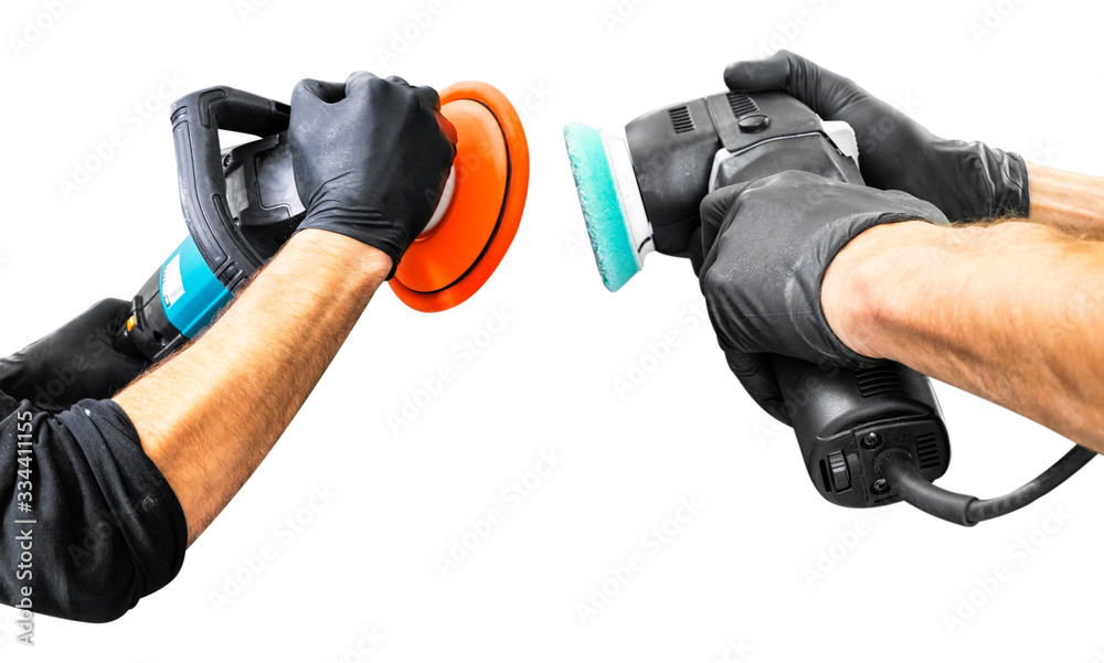 Car polish wax worker hands holing polishing tools isolated on white ...