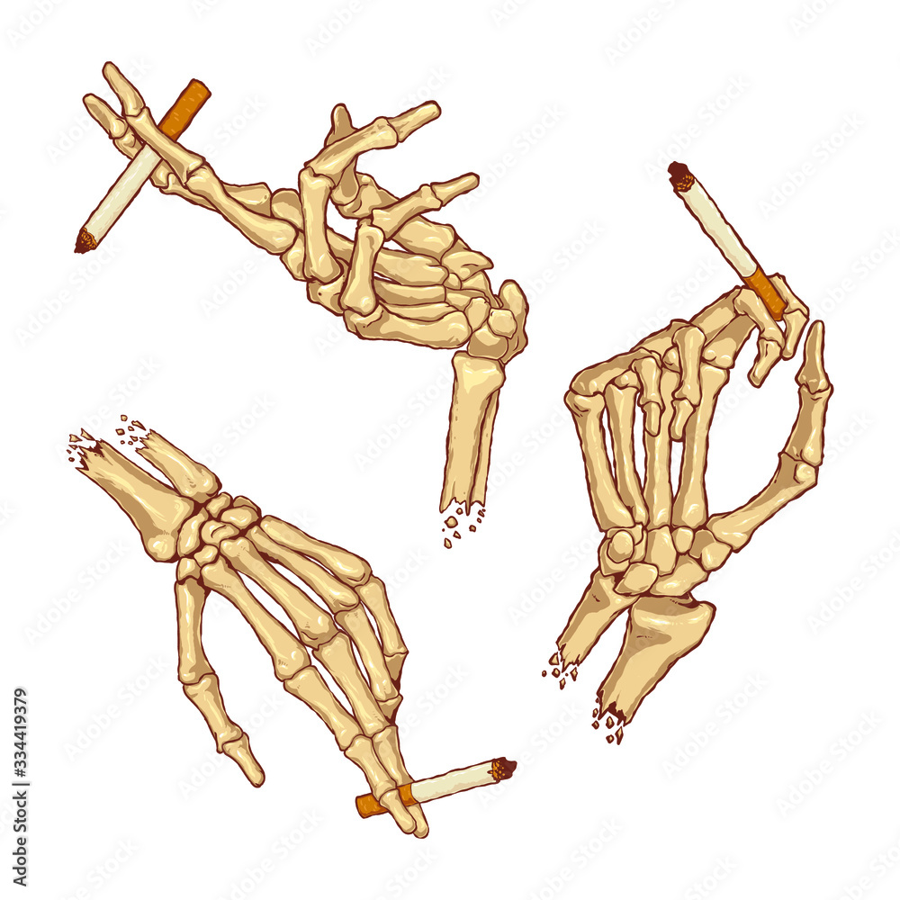 Set of skeletons of human hands holding a smoldering cigarette.Dangers ...