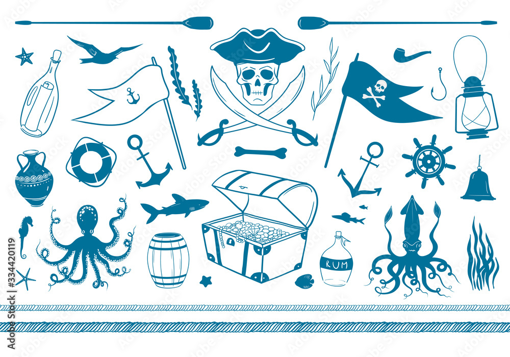 Big set of nautical and pirate clip art. Marine animals isolate don ...