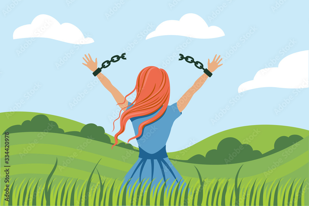 Back view cartoon woman break handcuffs enjoy freedom at natural ...