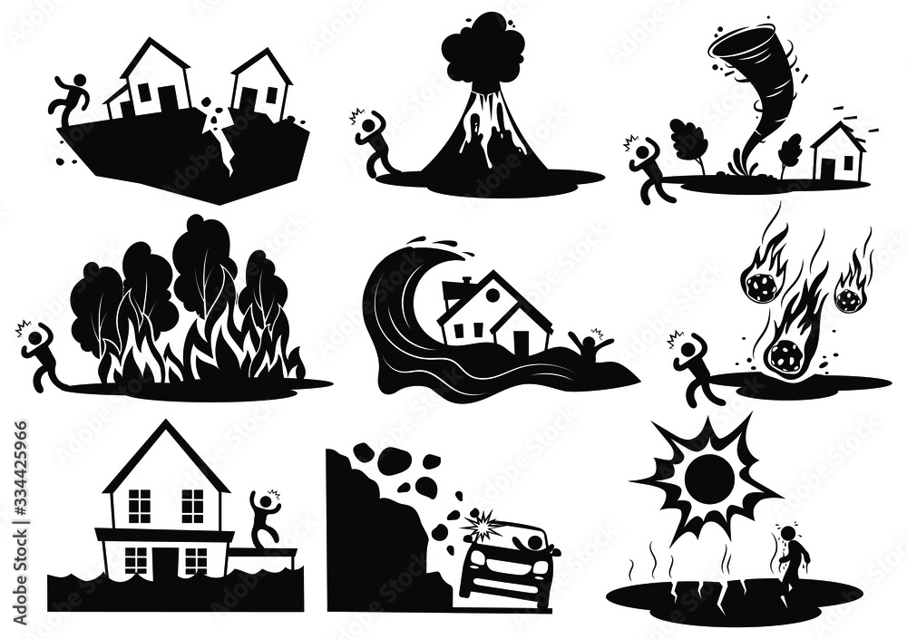 Set of natural disasters. Collection silhouettes of destruction on ...