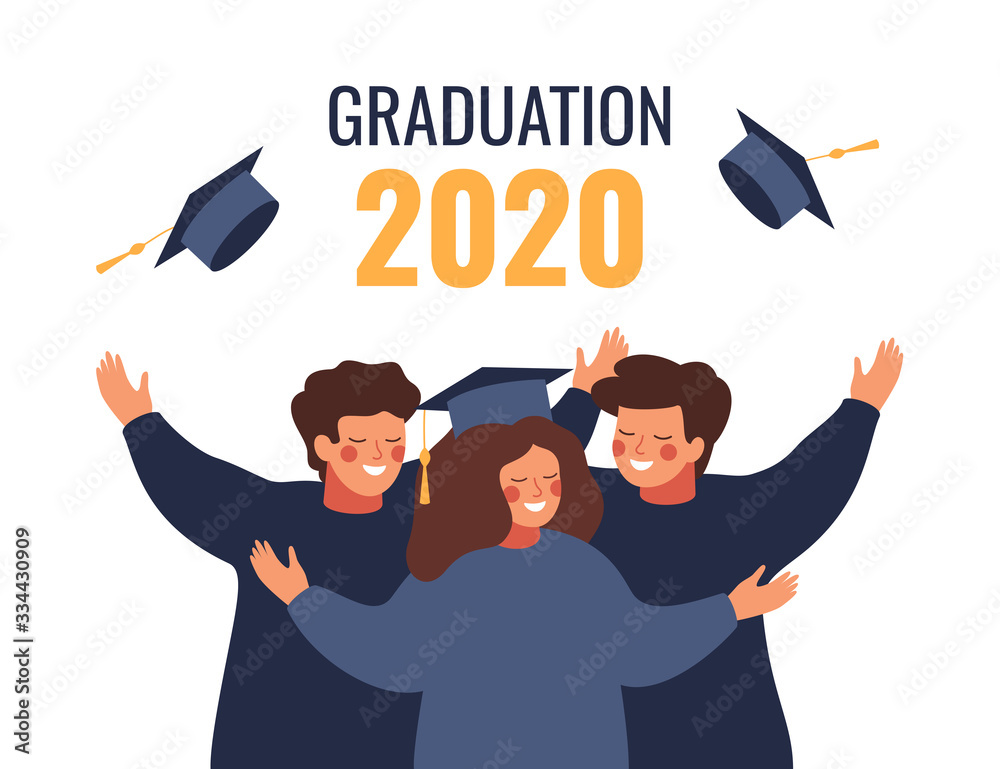 Happy graduated students wearing academic gown throw graduation caps up ...