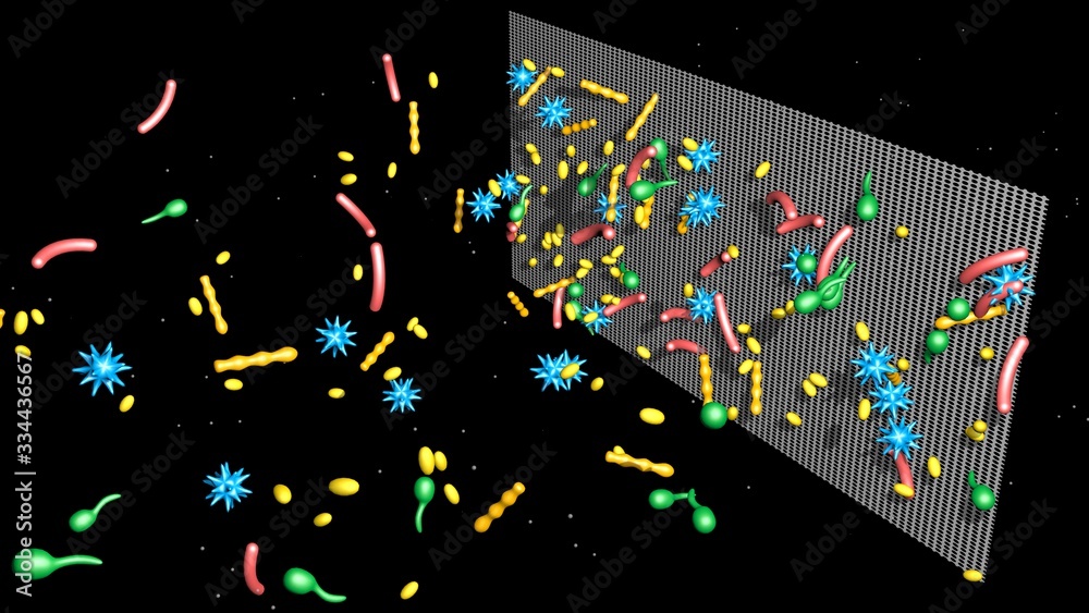 Germs, viruses , bacteria pathogens captured in filter . 3d rendering ...