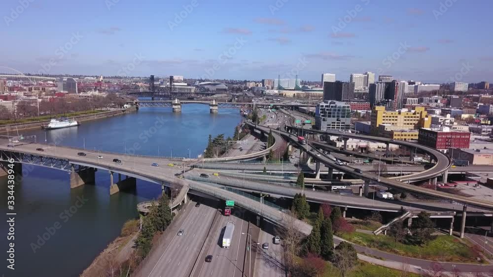 Aerial flying over the interstate 5 freeway that shows a different ...