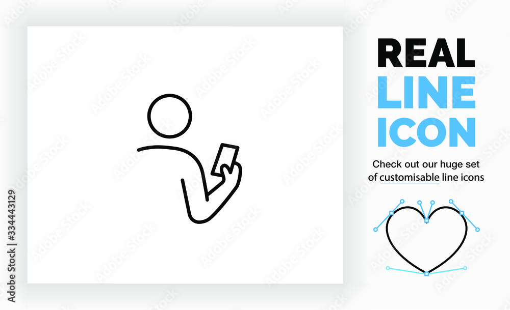 editable real line icon of a stick figure person on his mobile phone ...